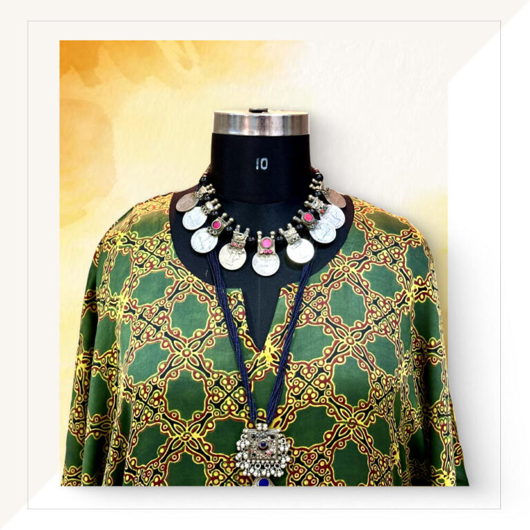 Ajrakh Green & Mustard Kaftan Dress in Modal silk -The Ethnic Tree ...